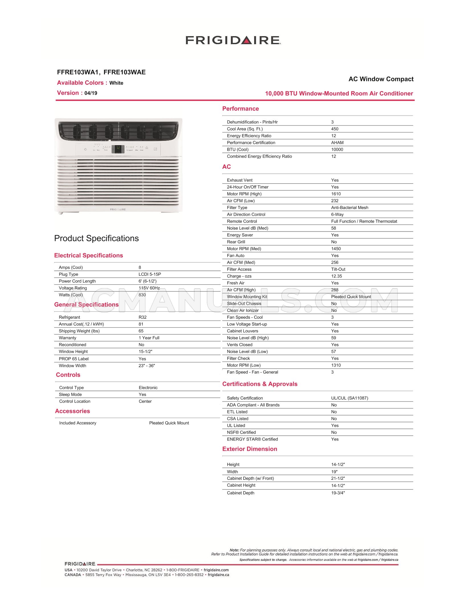 Frigidaire FFRE103WA1 Spec Sheet