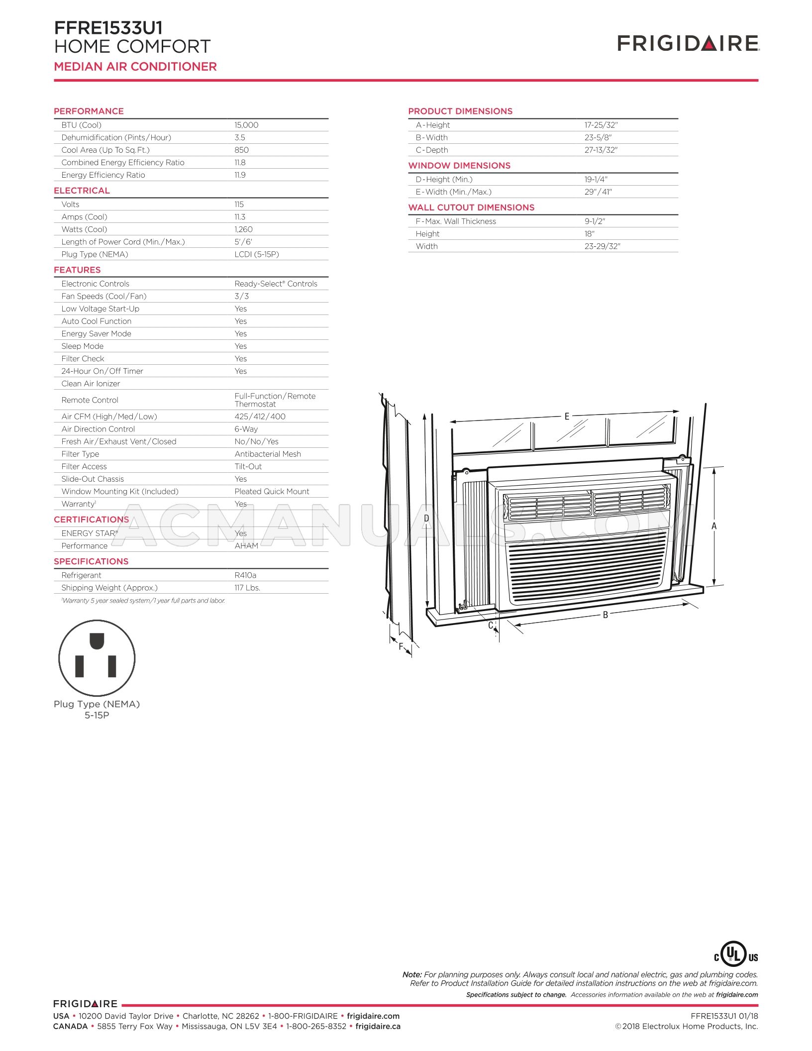 Frigidaire FFRE1533U1 Specifications Guide