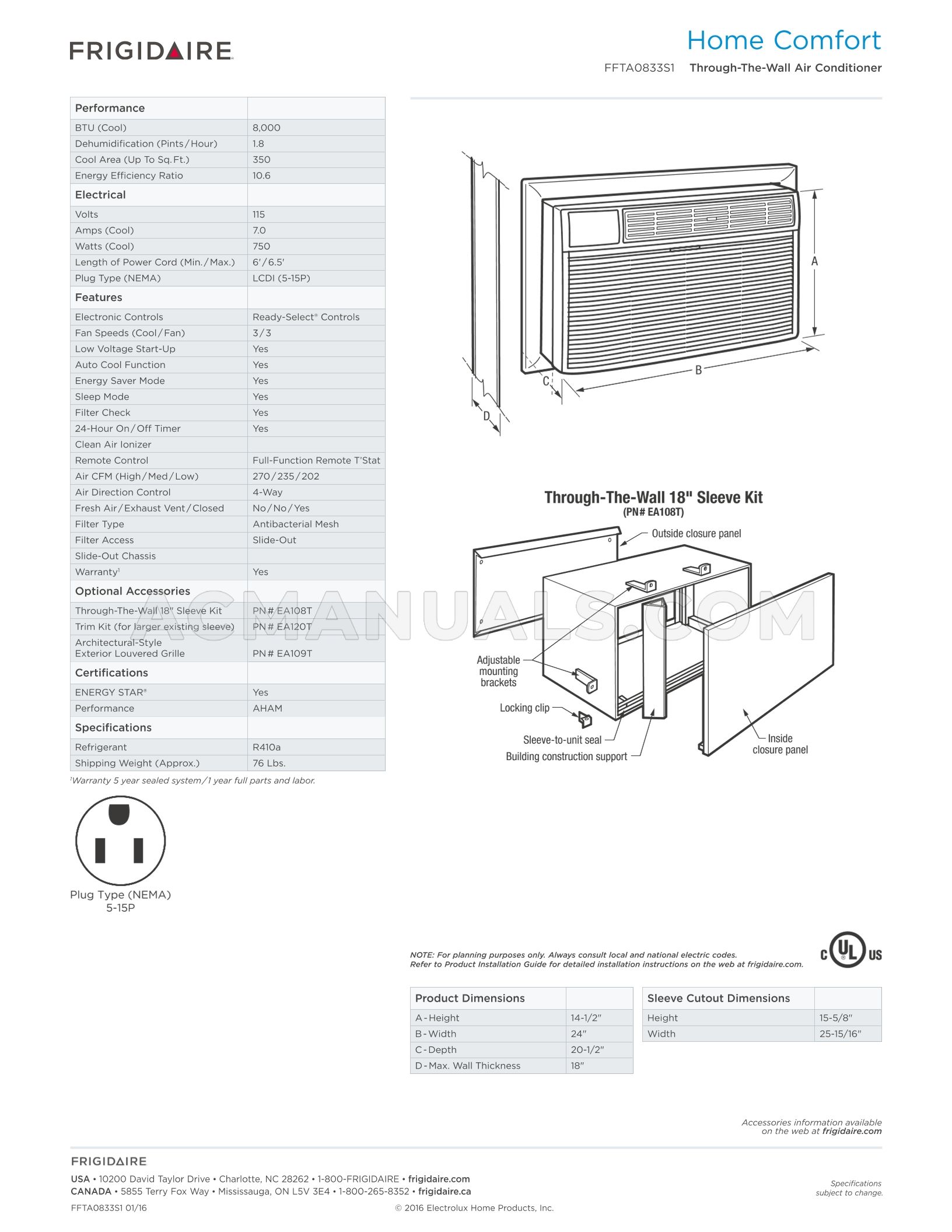 Frigidaire FFTA0833S1 Specification Sheet