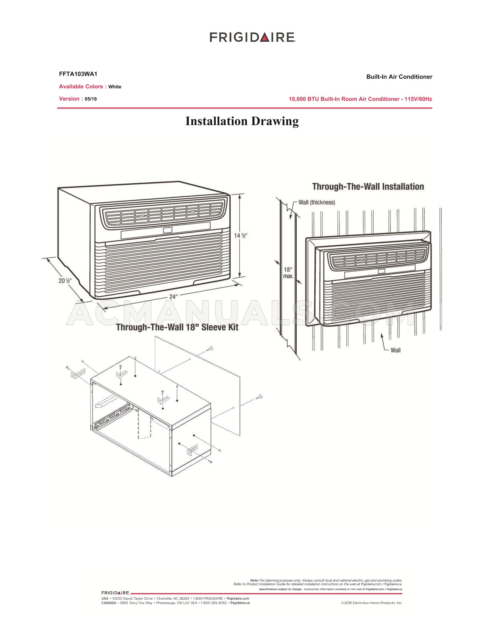 Frigidaire FFTA103WA1 Spec Sheet