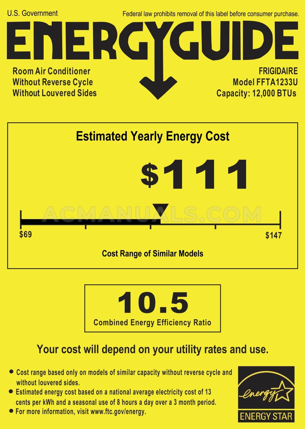 Frigidaire FFTA1233U1 Energy Guide