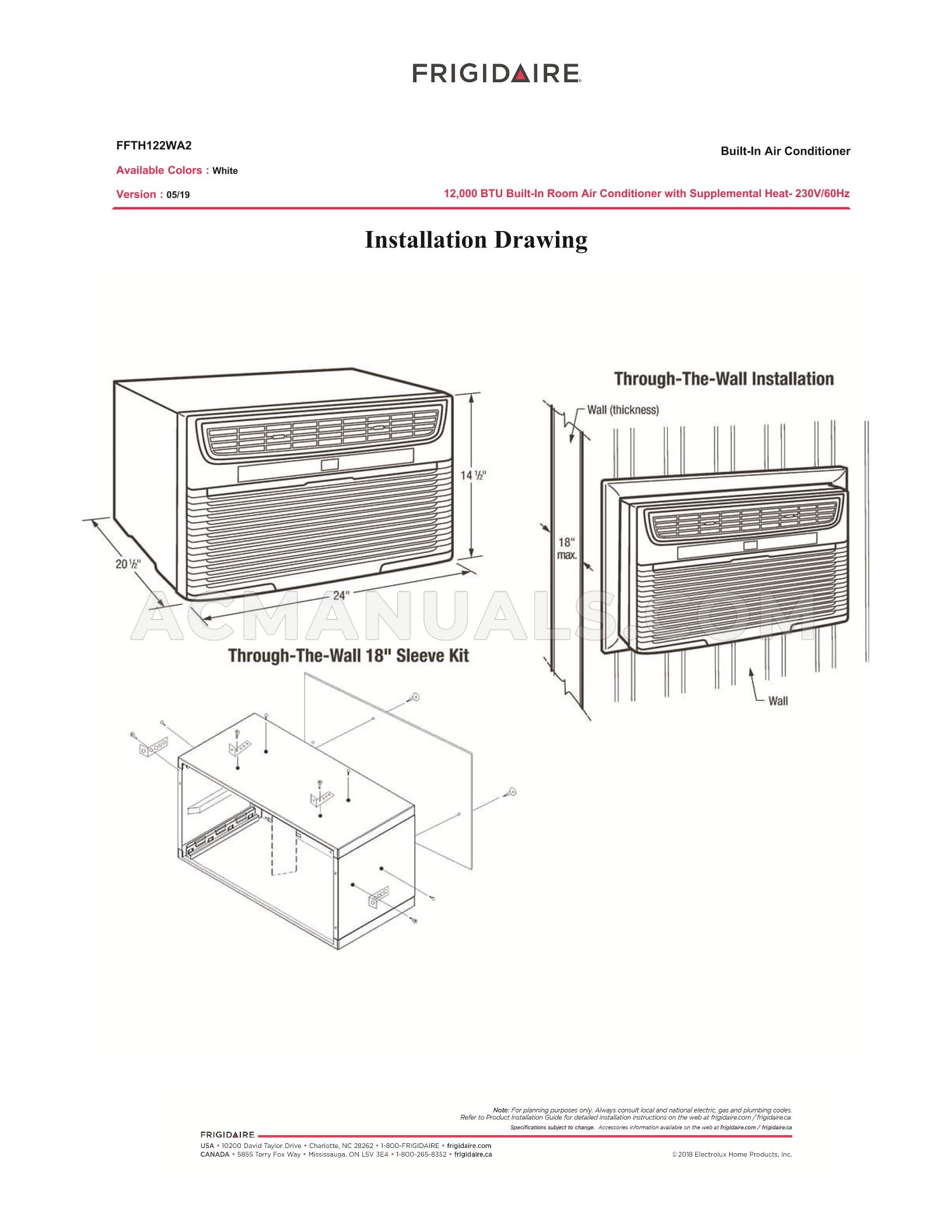 Frigidaire FFTH122WA2 Spec Sheet