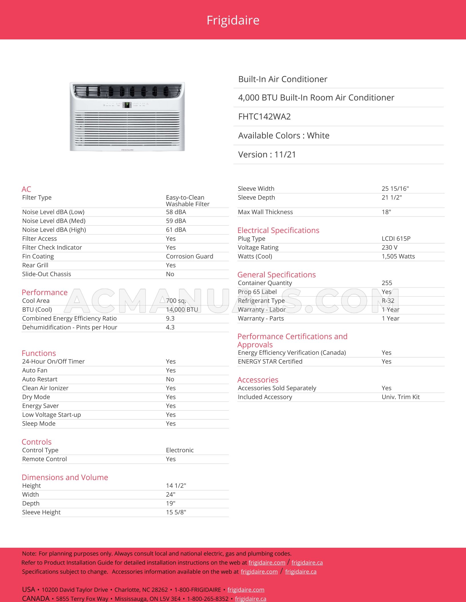 Frigidaire FHTC142WA2 Spec Sheet