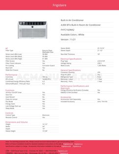 Frigidaire FHTC142WA2 Spec Sheet