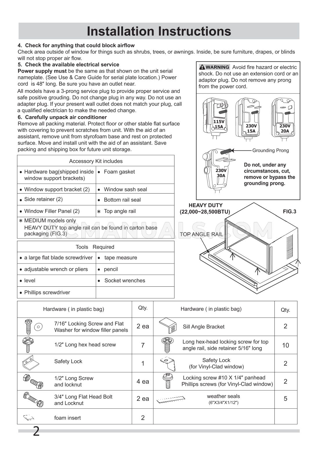 Frigidaire FHWE252WA2 Installation Instructions