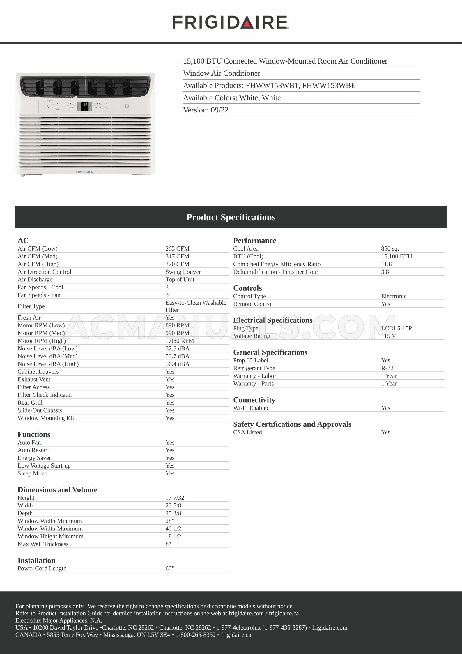 Frigidaire FHWW153WBE Spec Sheet