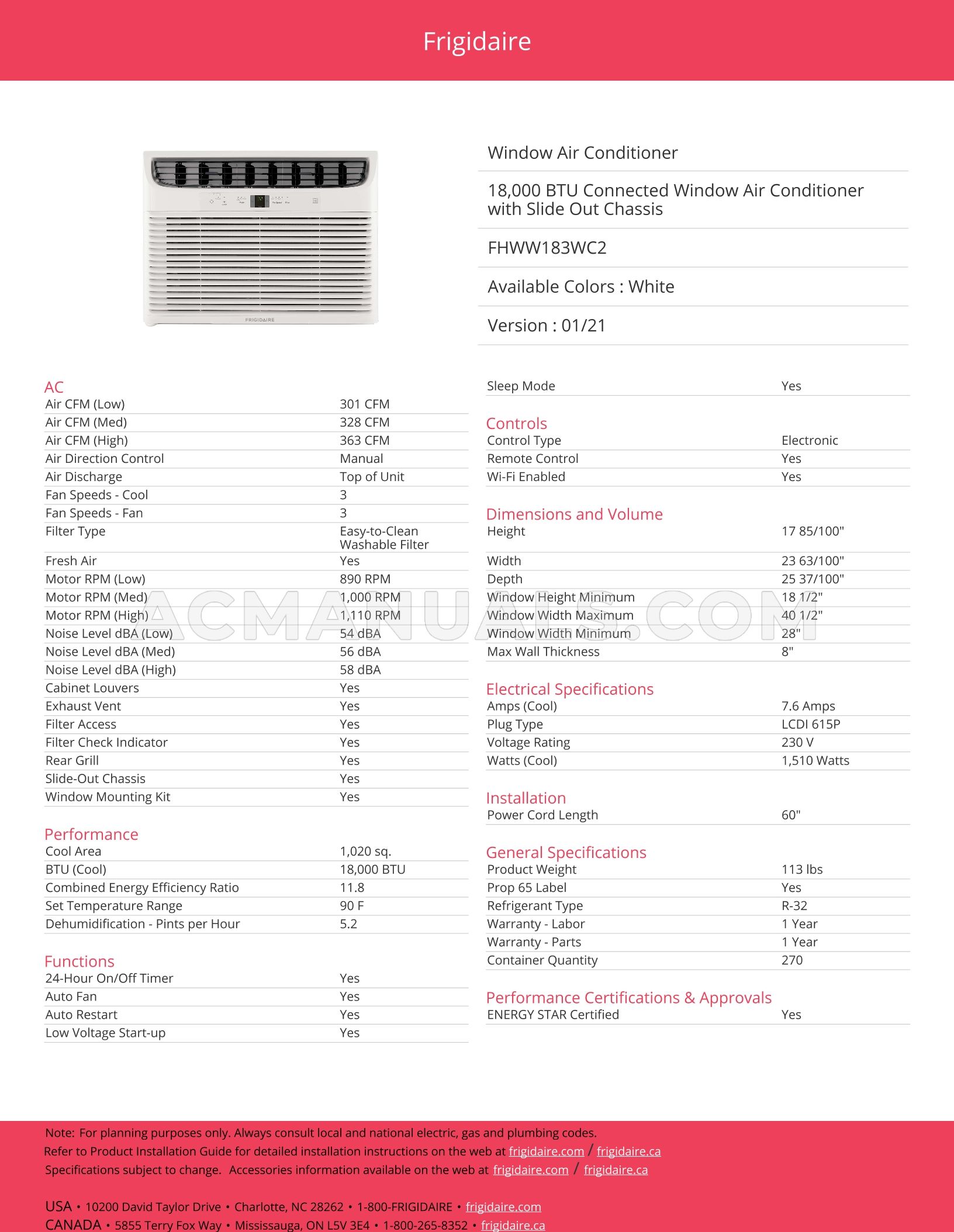 Frigidaire FHWW183WC2 Spec Sheet