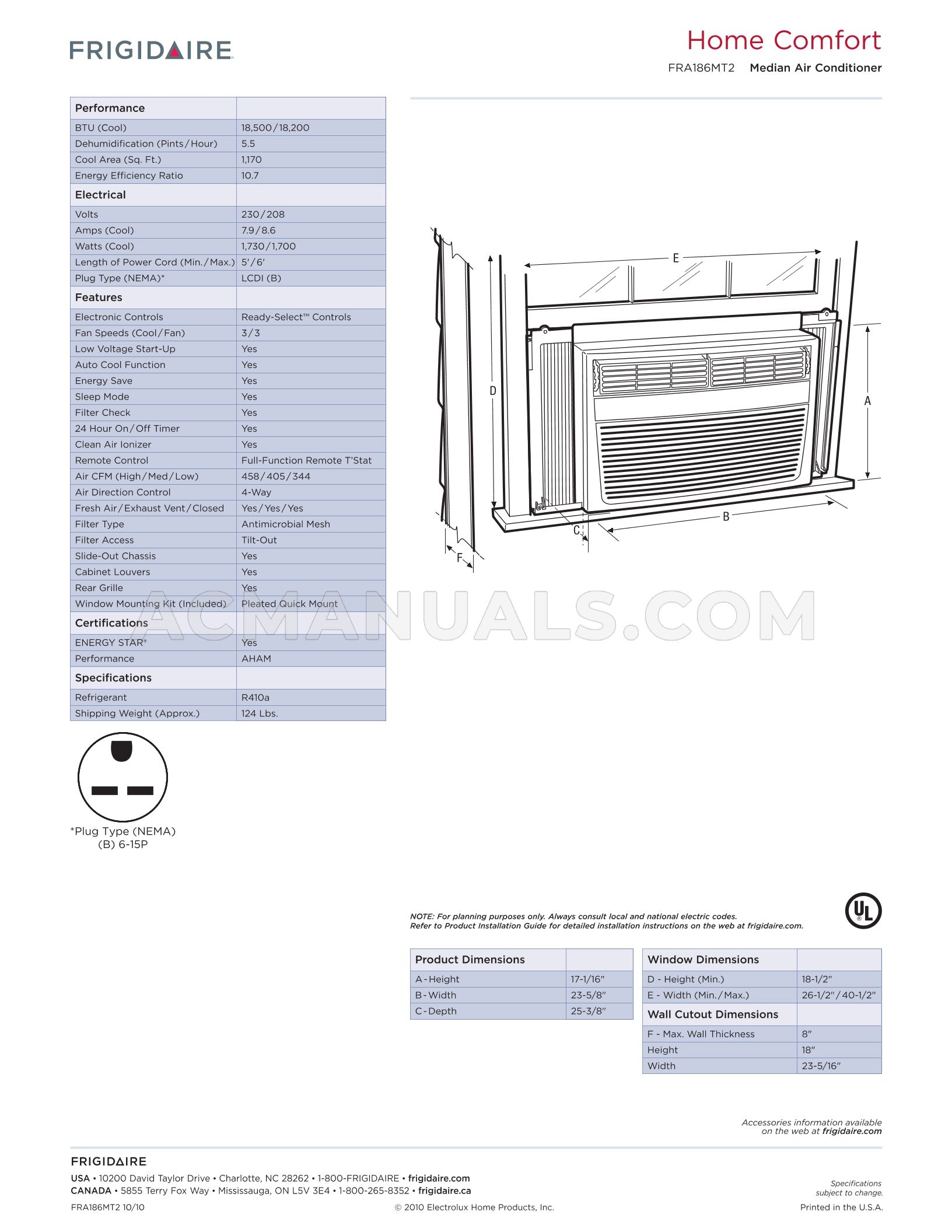 Frigidaire FRA186MT2 Specifications Guide