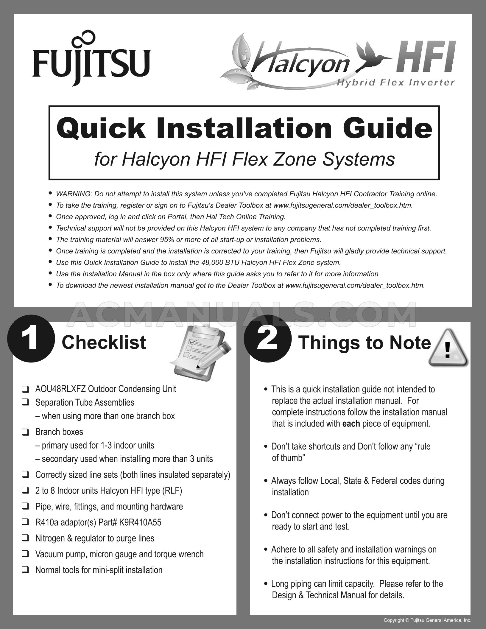 Fujitsu AOU48RLXFZ Halcyon HFI Quick Installation Guide