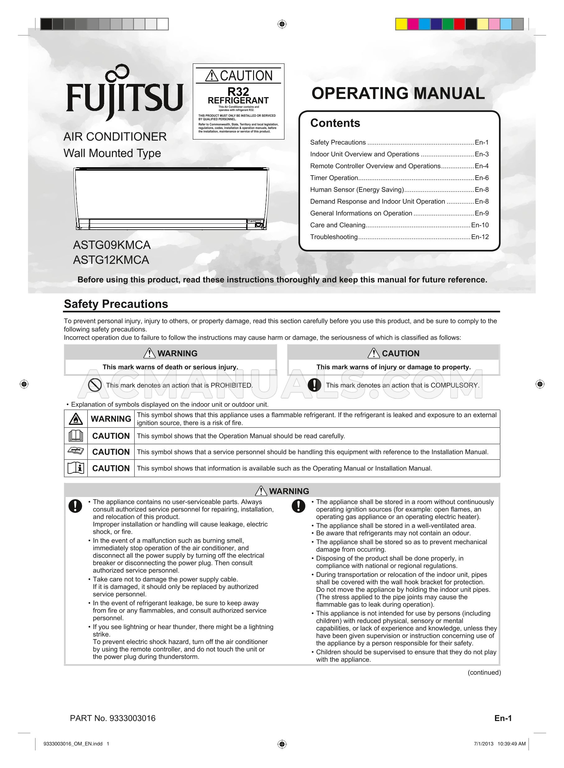 Fujitsu ASTG09KMCA Lifestyle Operating Manual