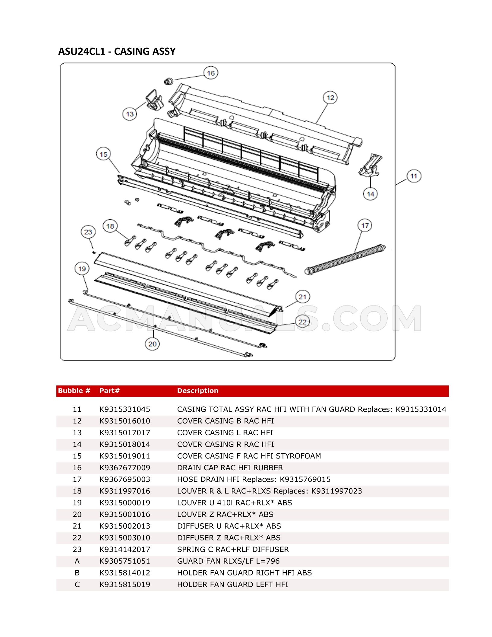 Fujitsu ASU24CL1 Halcyon Parts List