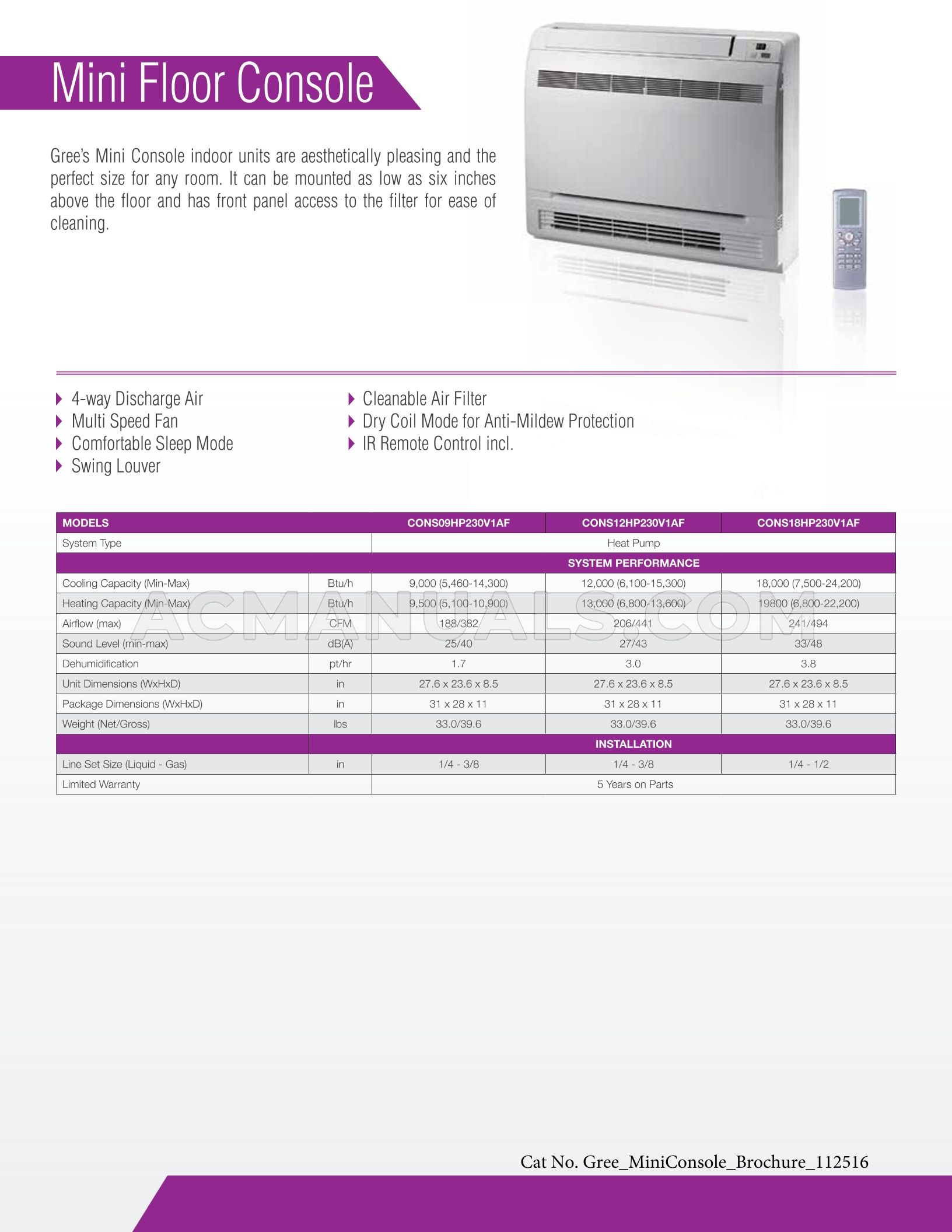 Gree 1309309 Spec Sheet