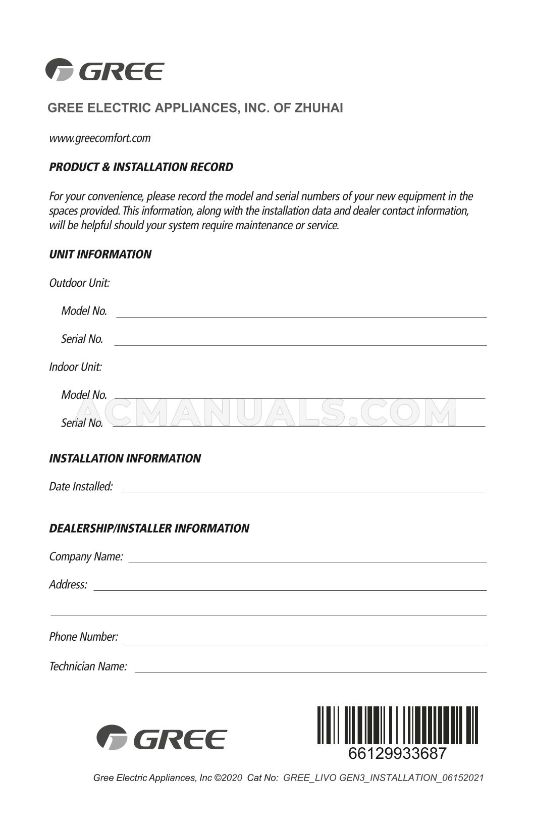 Gree LIVV24HP230V1AHW Livo GEN3 Installation Instructions