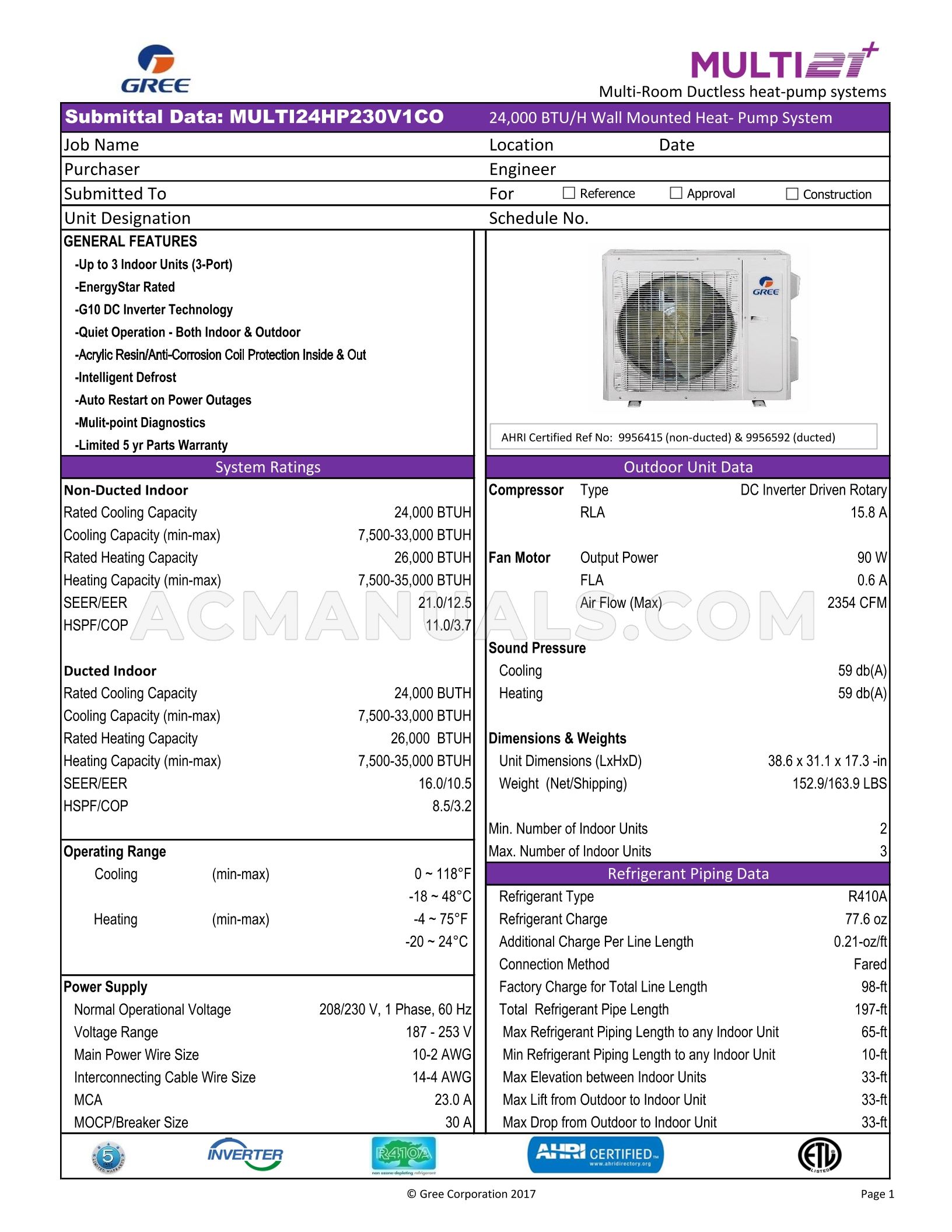 Gree MULTI24HP230V1CO Specifications Sheet