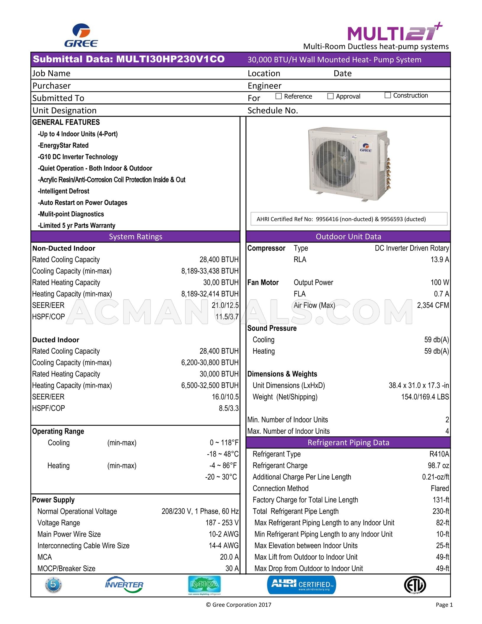 Gree 1867991 Specifications Sheet