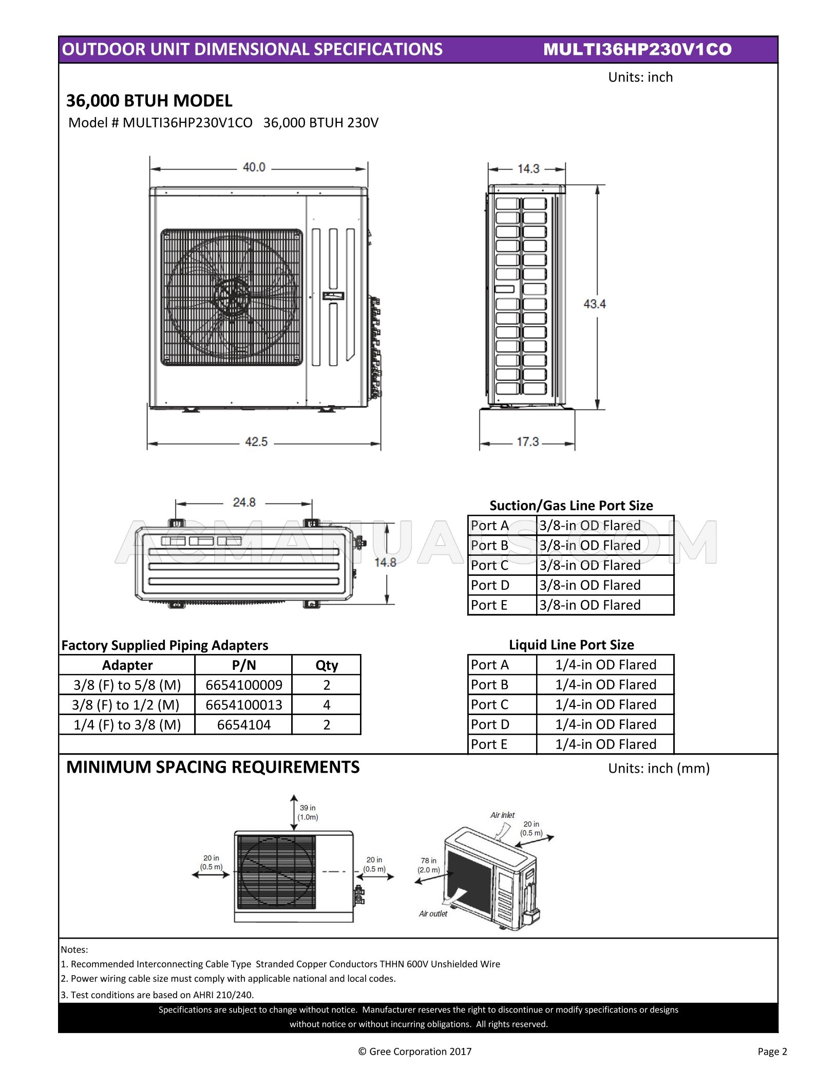 Gree 1868001 Specifications Sheet
