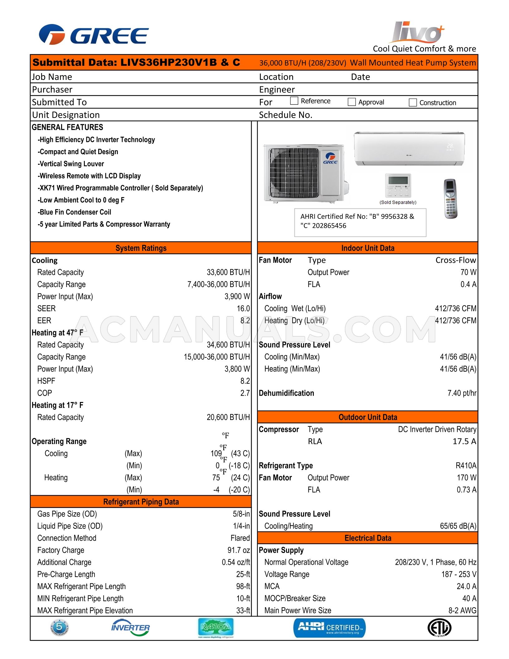 Gree LIVS36HP230V1B Specifications Sheet