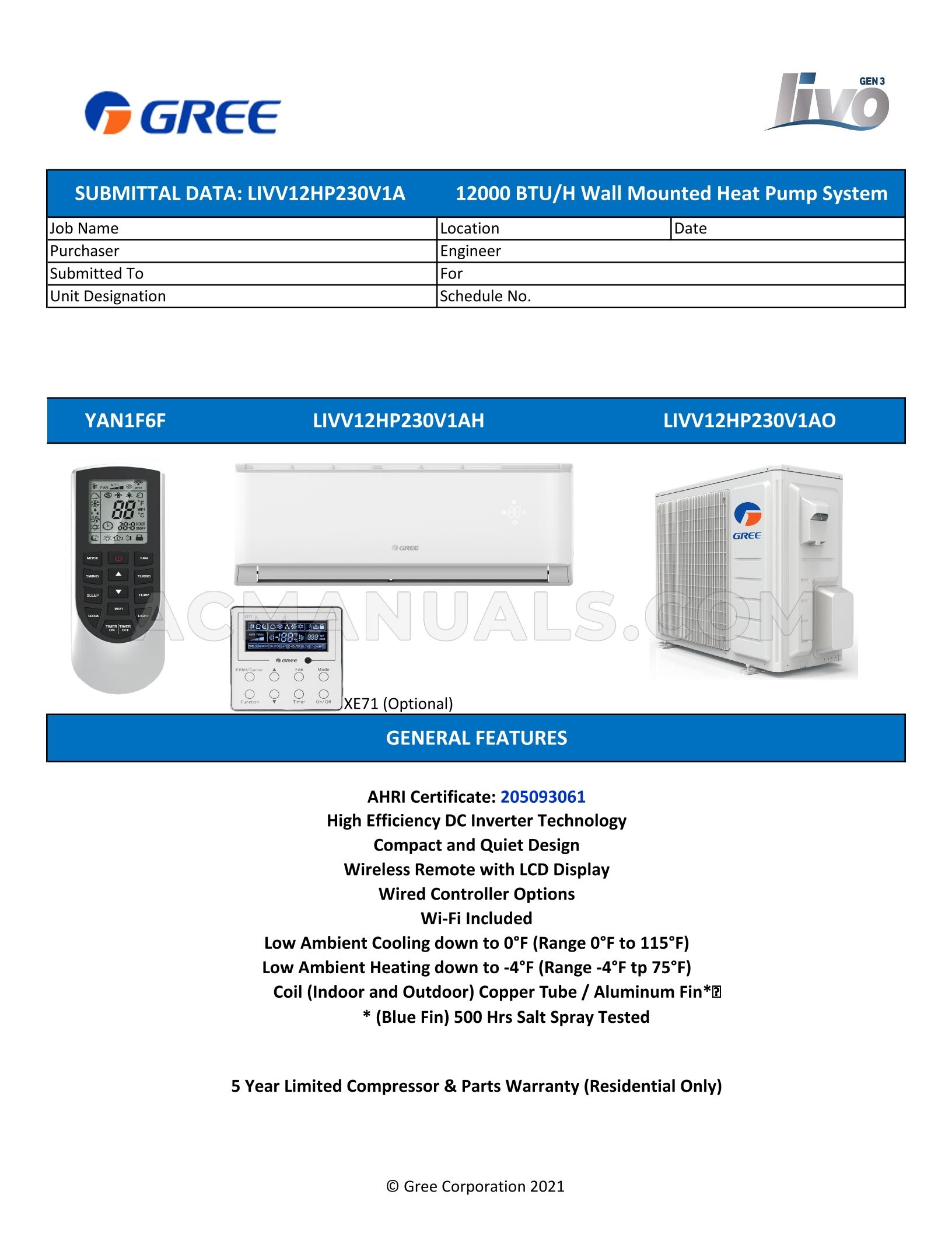 Gree LIVV12HP230V1AO Livo GEN3 Spec Sheet