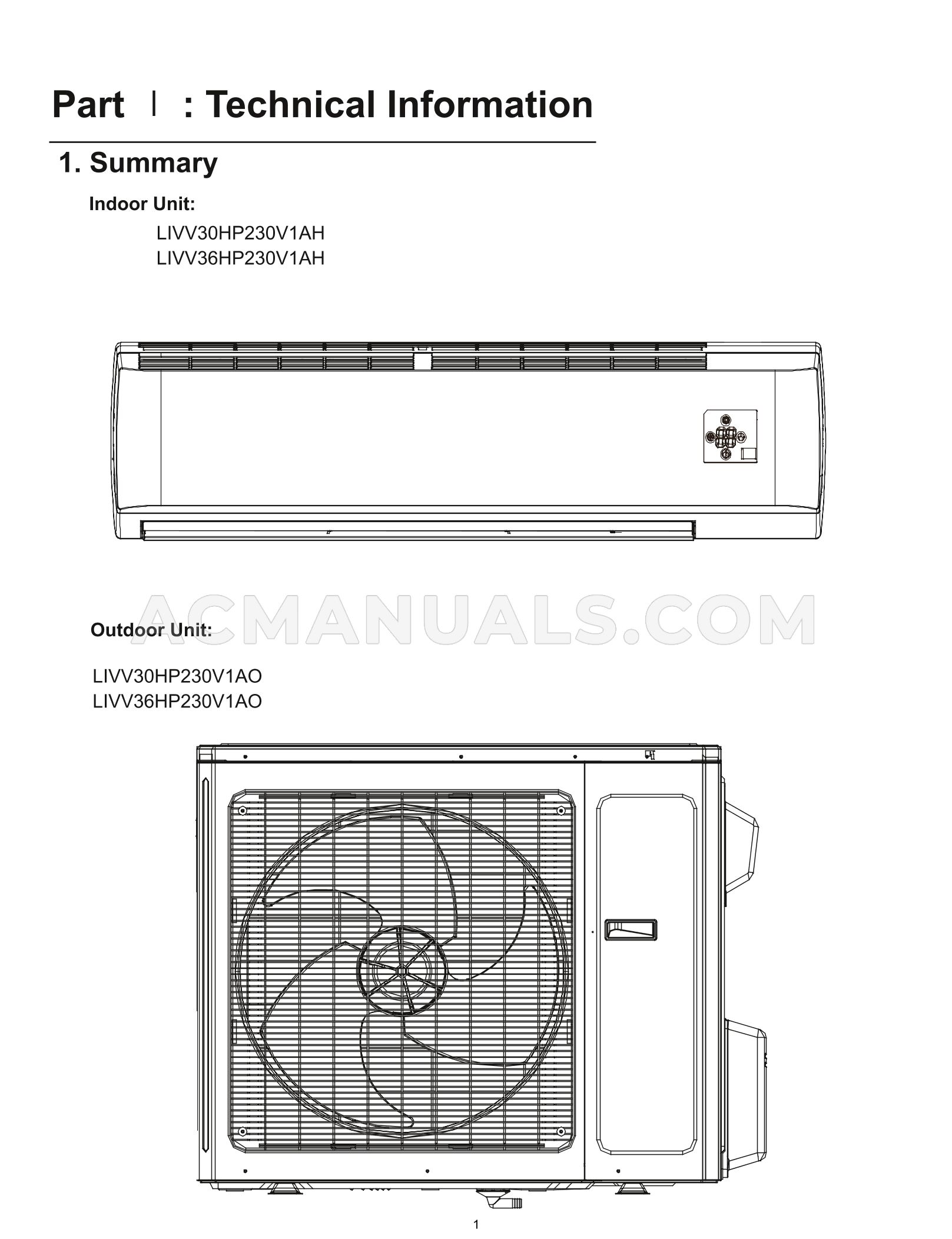 Gree LIVV36HP230V1AO Livo GEN3 Service & Parts Manuals