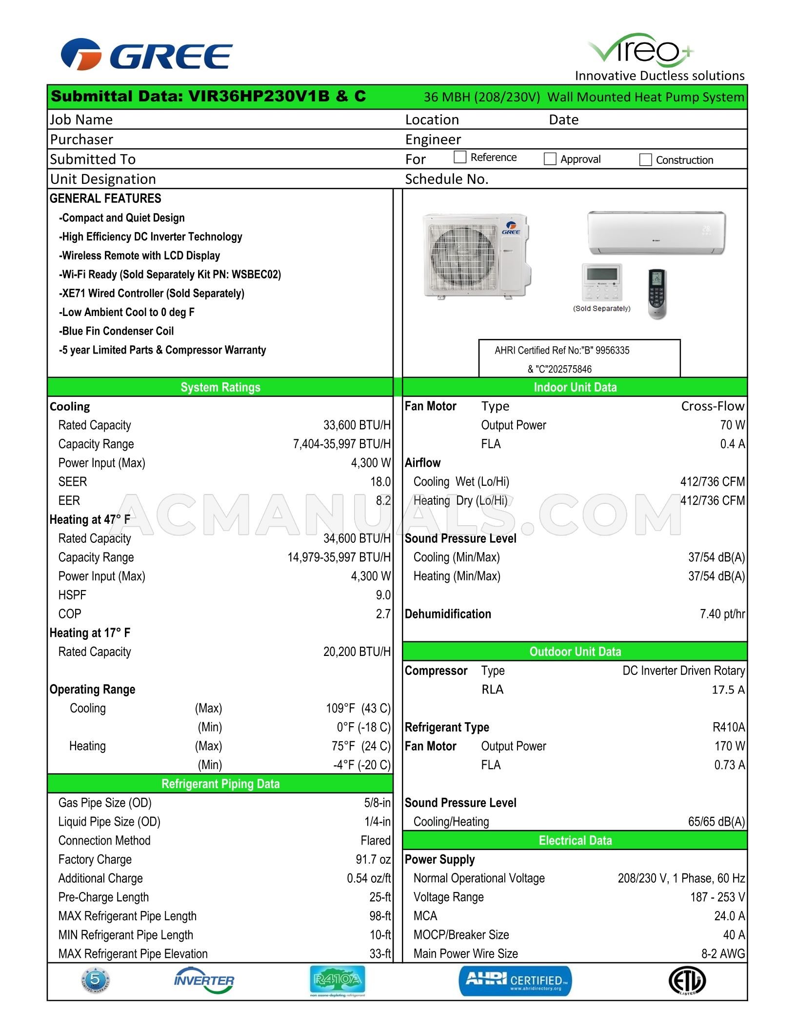 Gree VIR36HP230V1BH Vireo+ Specifications Sheet