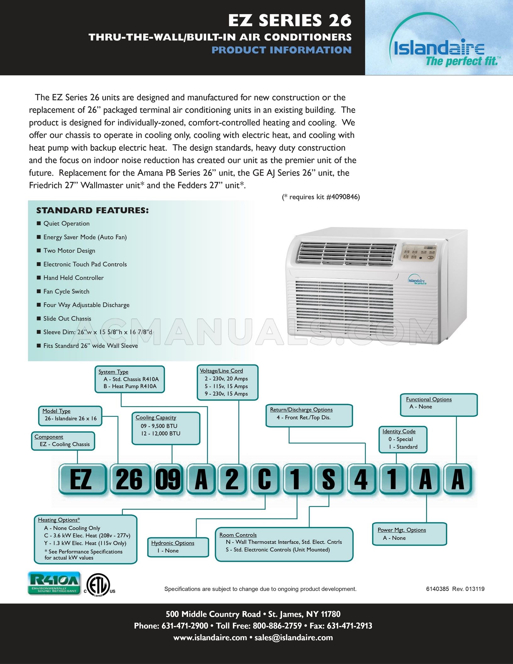 Islandaire EZ2612A2C1S41AA EZ 26 Spec Sheet
