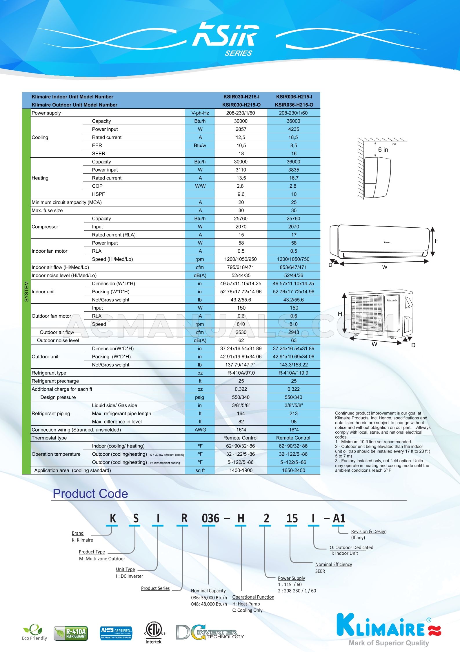 Klimaire KM14B1041 KSIR Spec Sheet