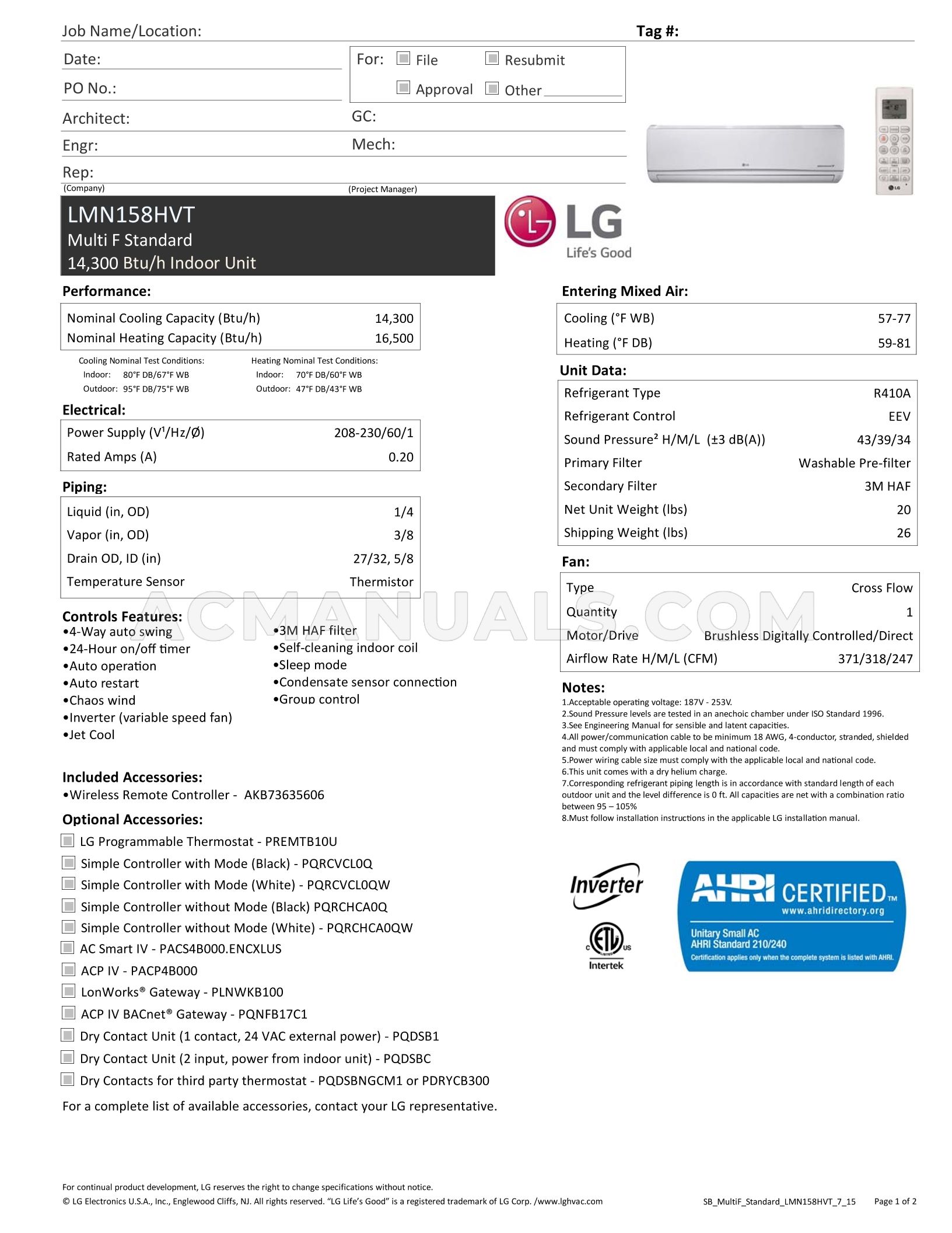LG 700676 Specifications Sheet