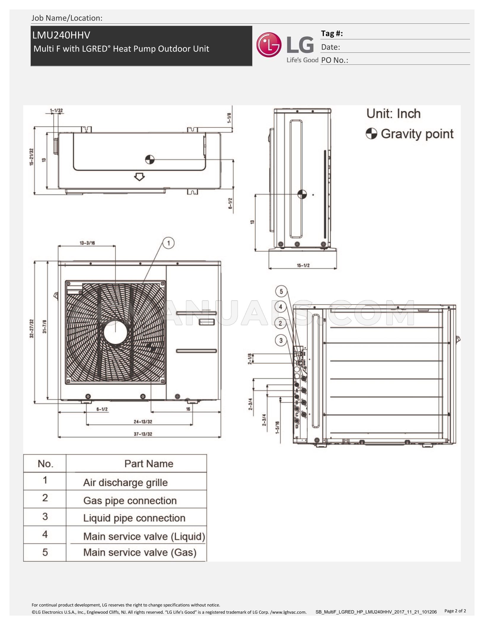 LG 961504 LMU240HHV Specifications Sheet