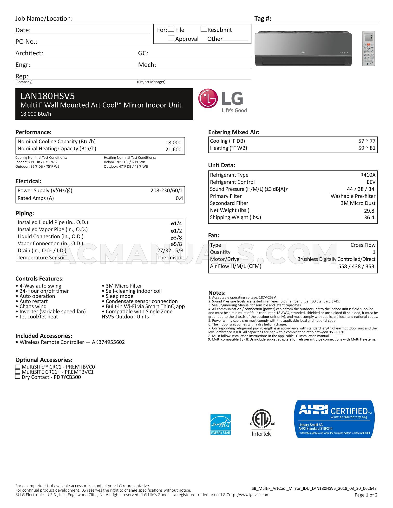 LG 962585 LAN180HSV5 Specifications Sheet