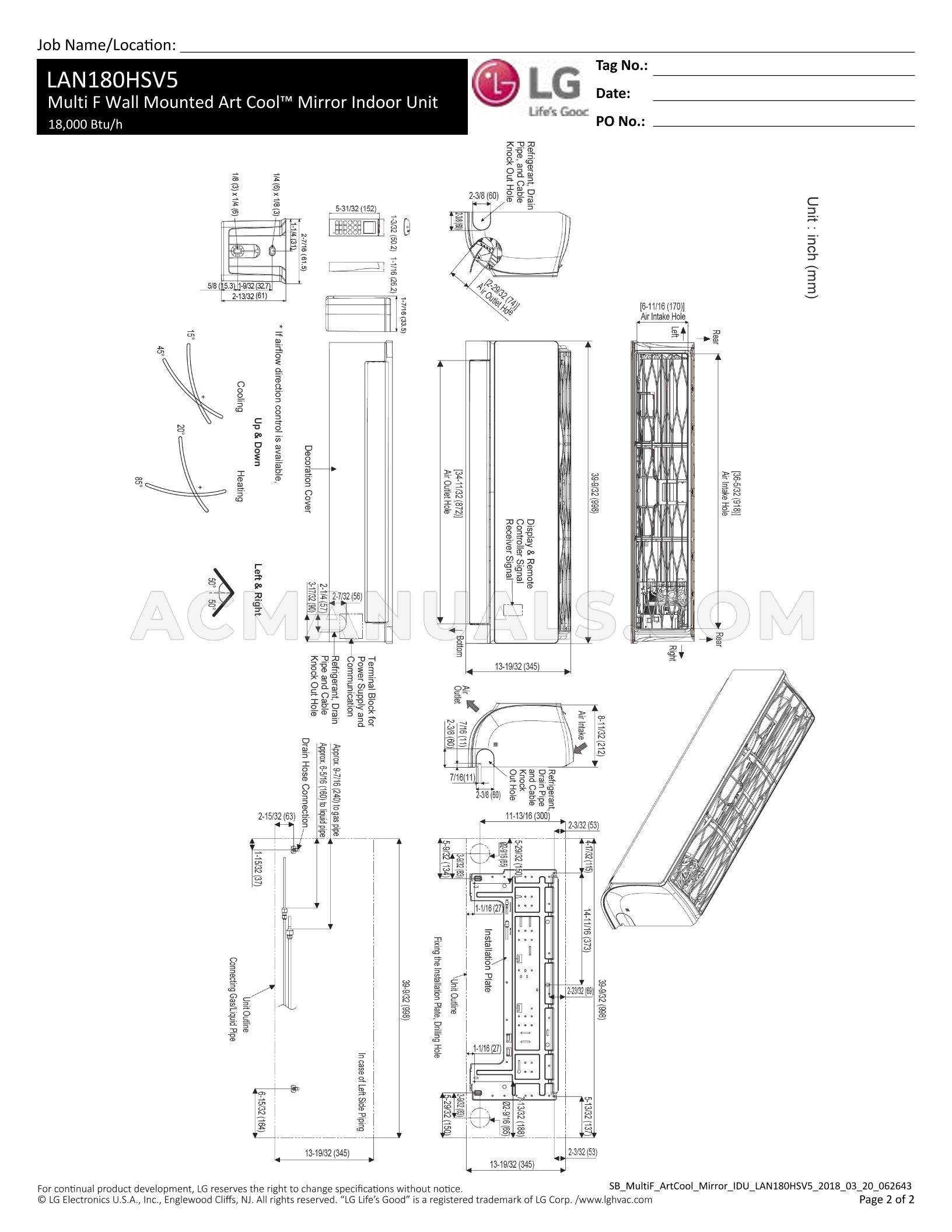 LG 962585 LAN180HSV5 Specifications Sheet