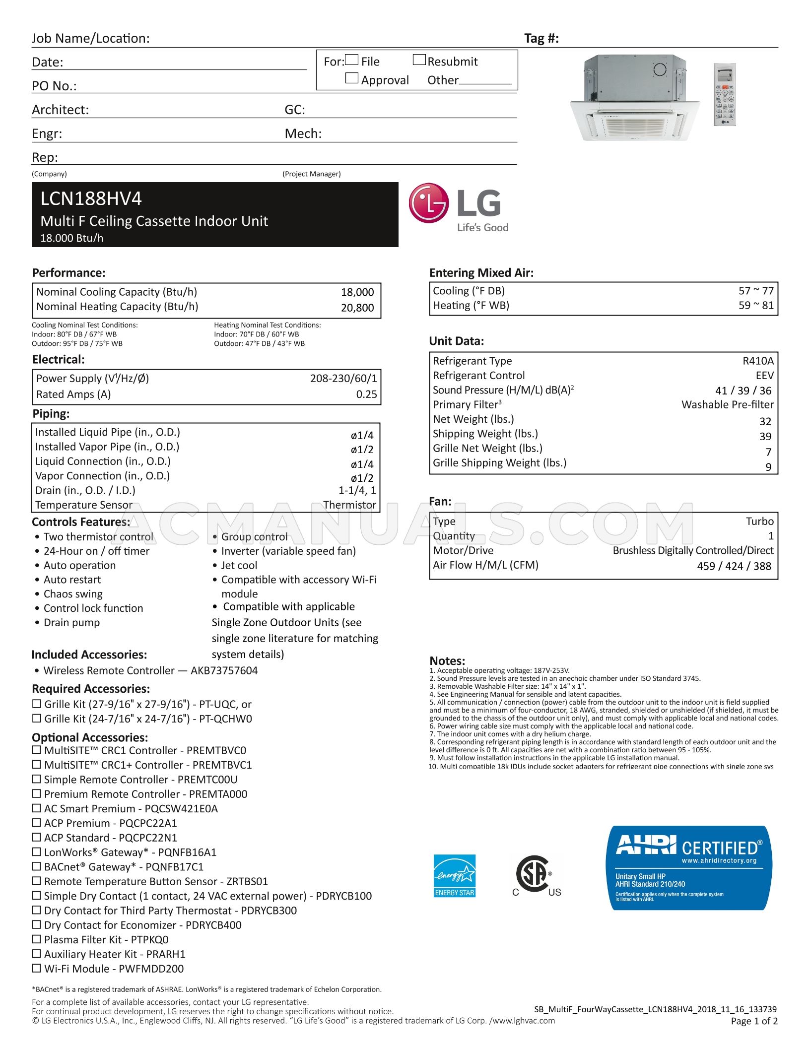 LG LCN188HV4 Spec Sheet