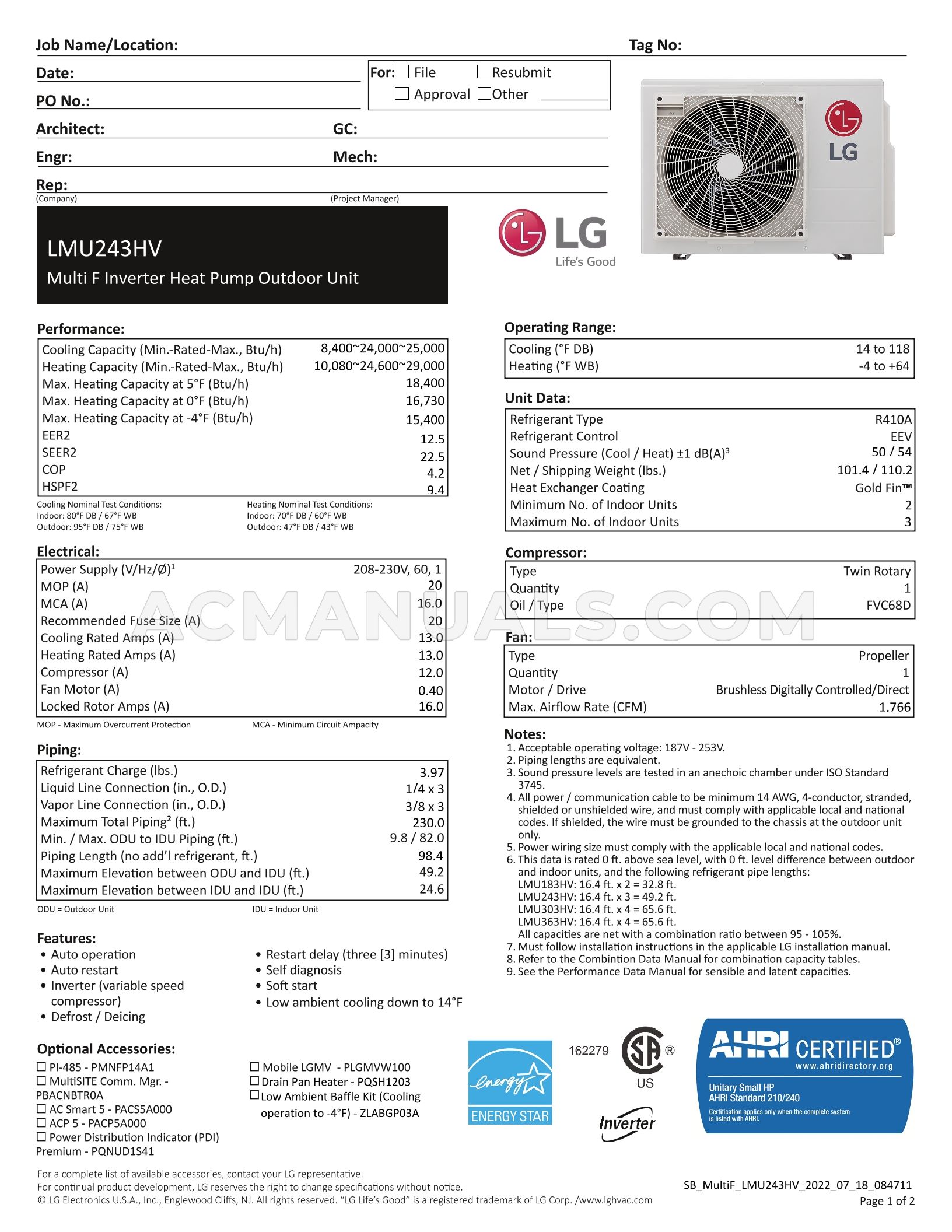LG LMU243HV Spec Sheet
