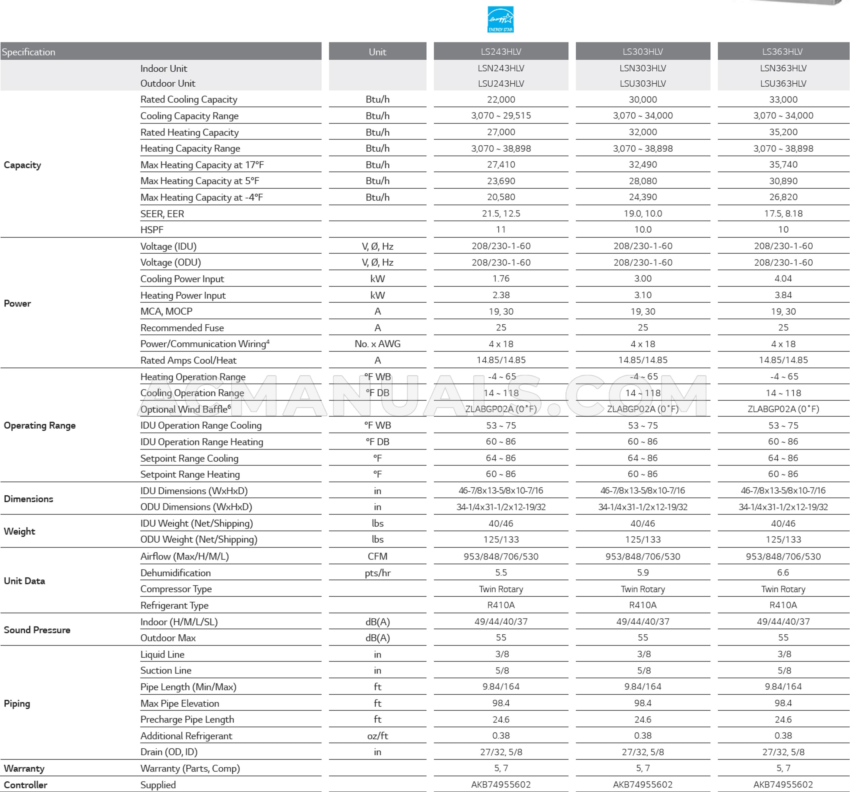 LG LS243HLV Specifications Sheet