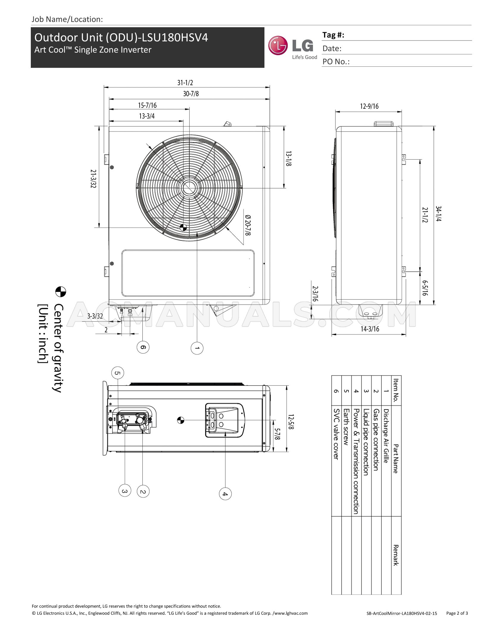 LG LSU180HSV4 Specifications Sheet