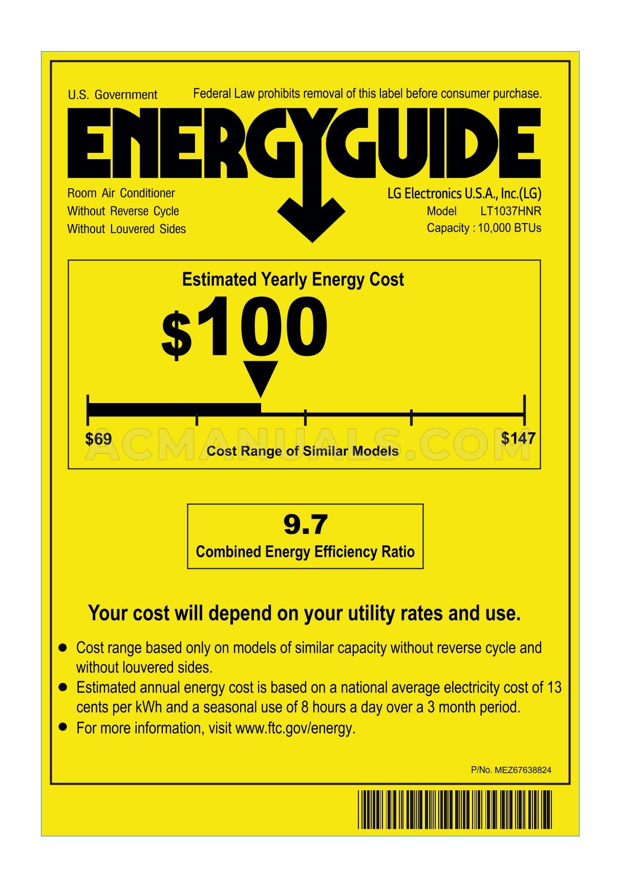 LG LT1037HNR Energy Guide