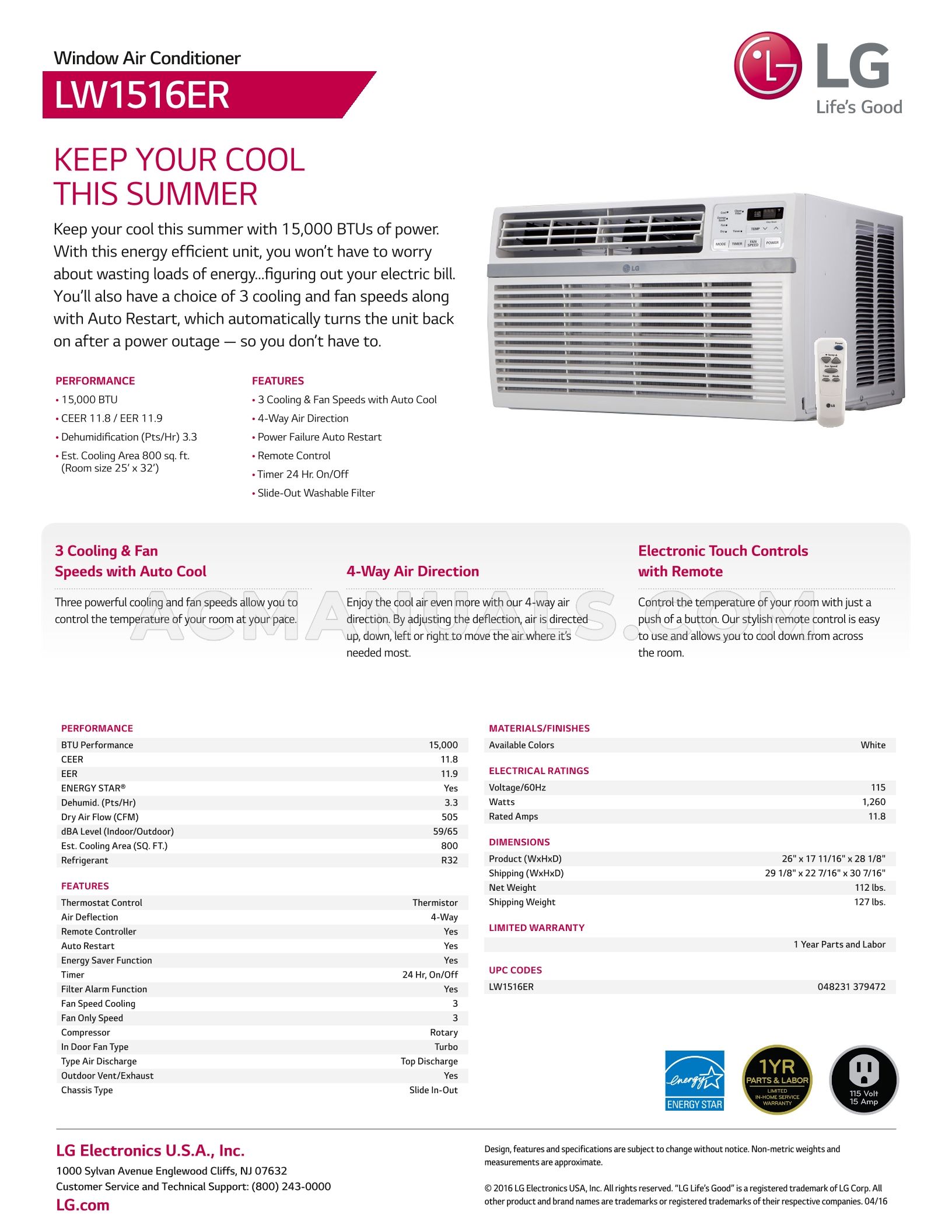 LG LW1516ER Specifications Sheet