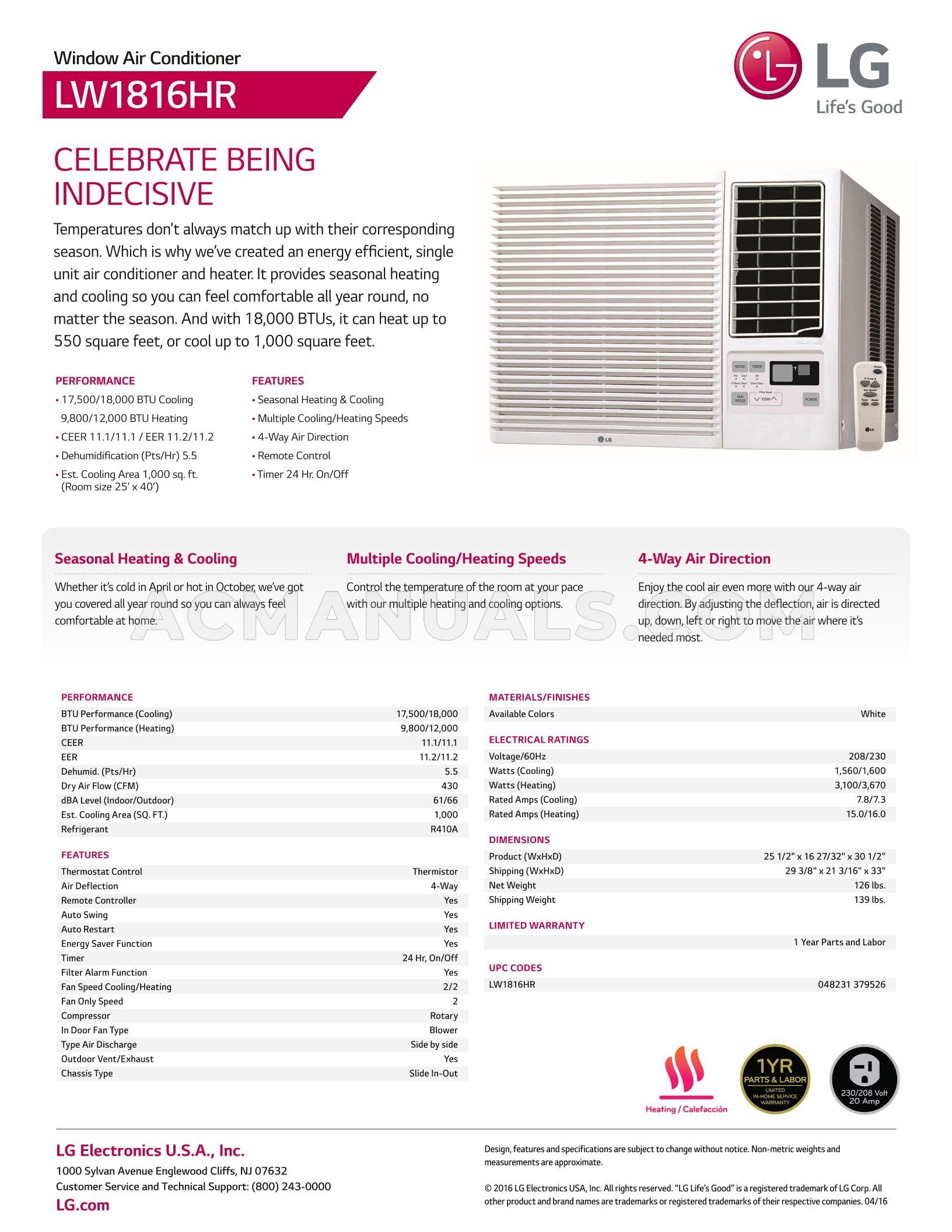 LG LW1816HR LW1816HR Spec Sheet