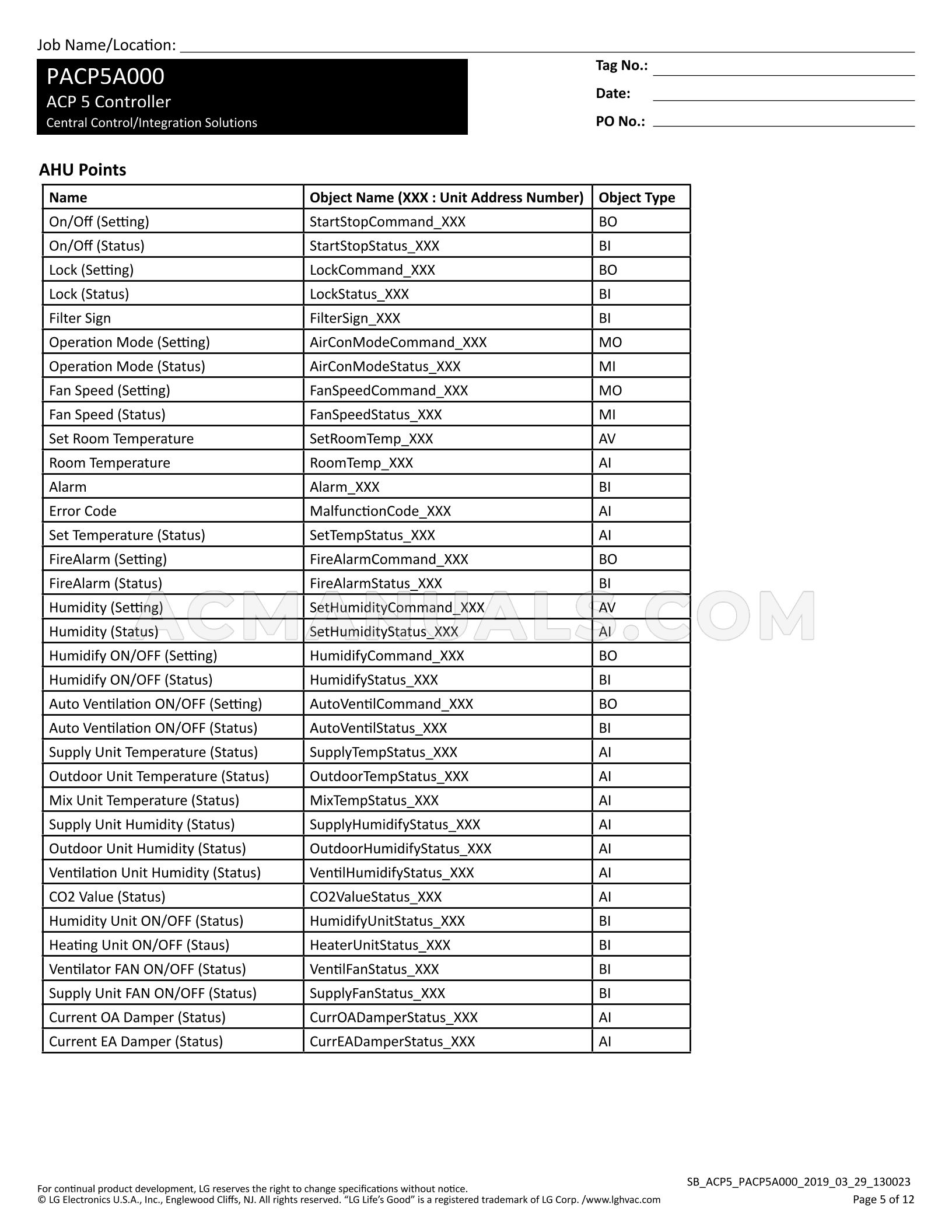 LG PACP5A000 Spec Sheet