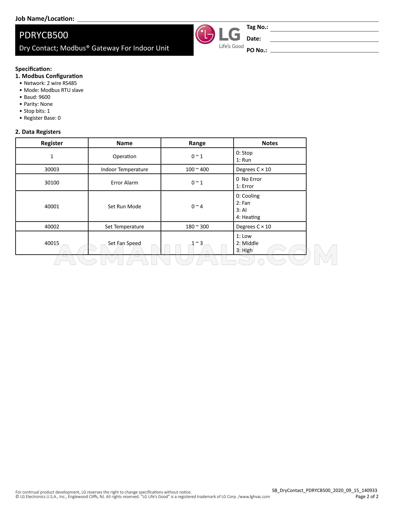 LG PDRYCB500 Spec Sheet