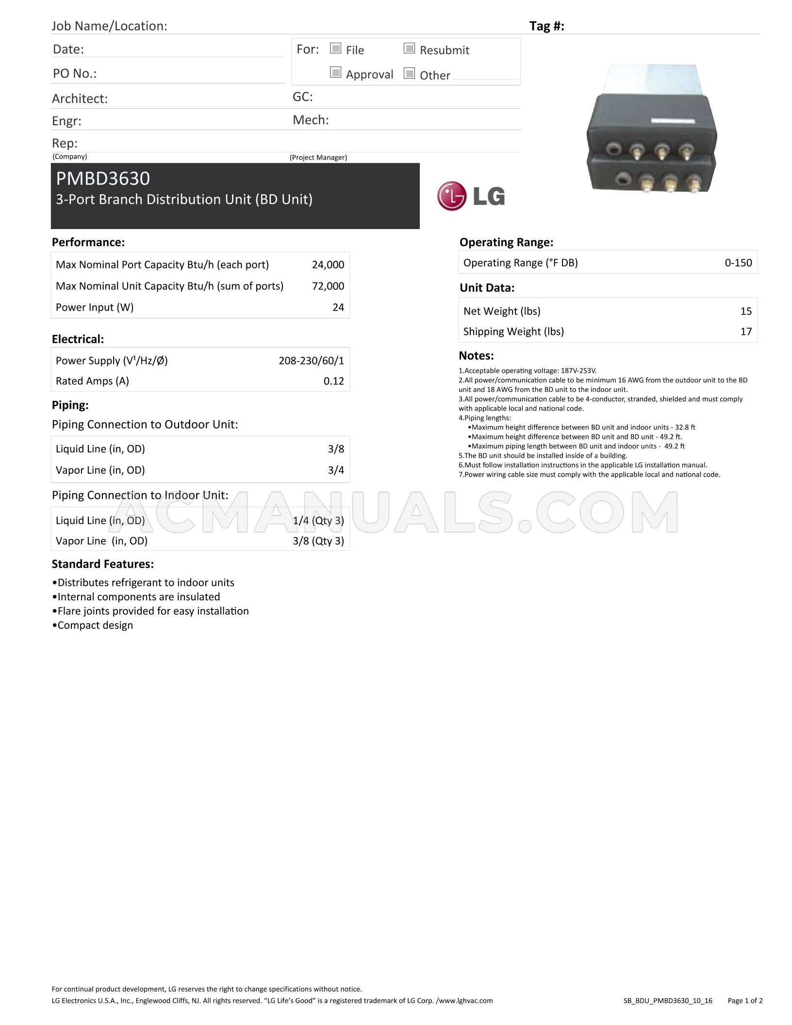 LG PMBD3630 Submittal