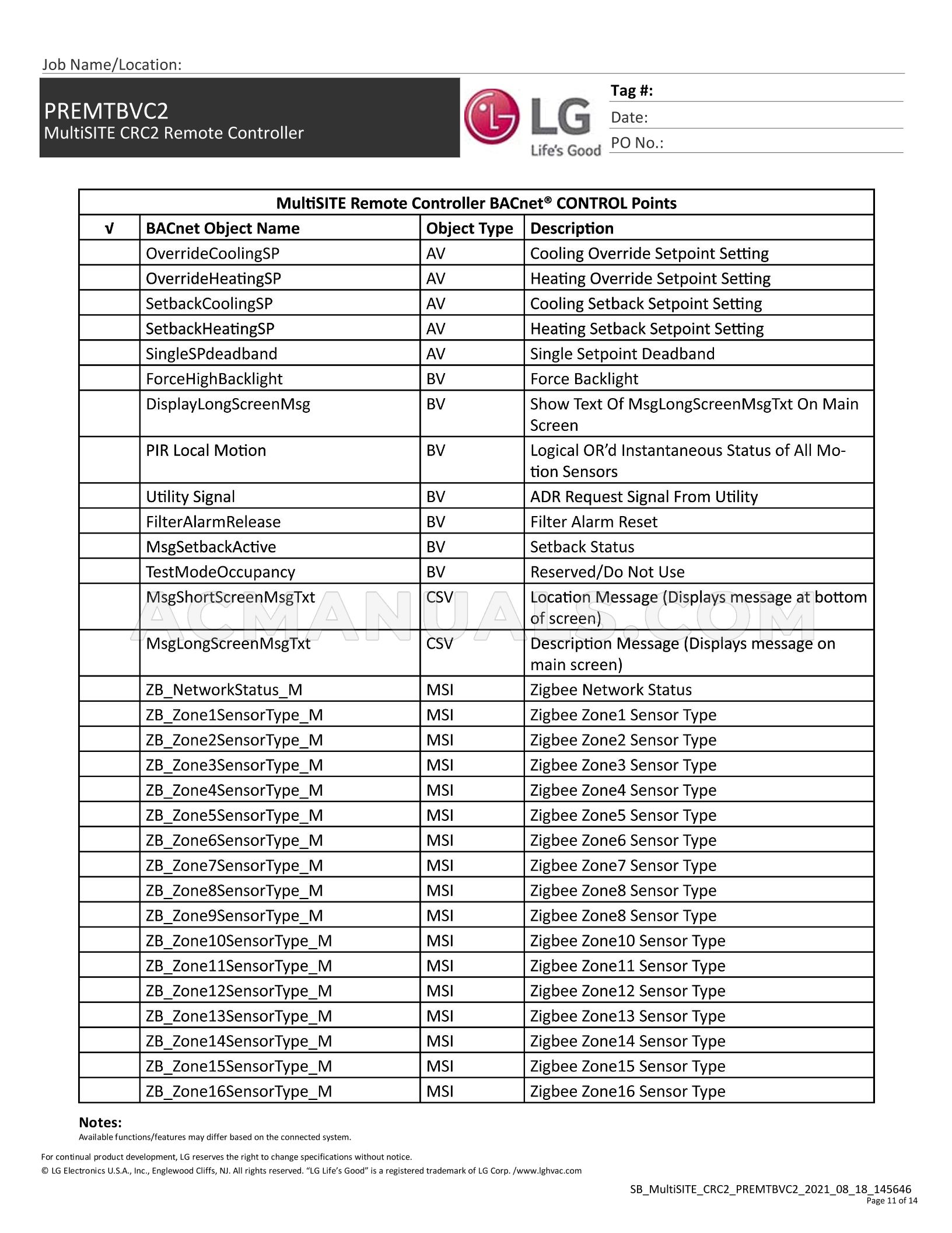 LG PREMTBVC2 Spec Sheet
