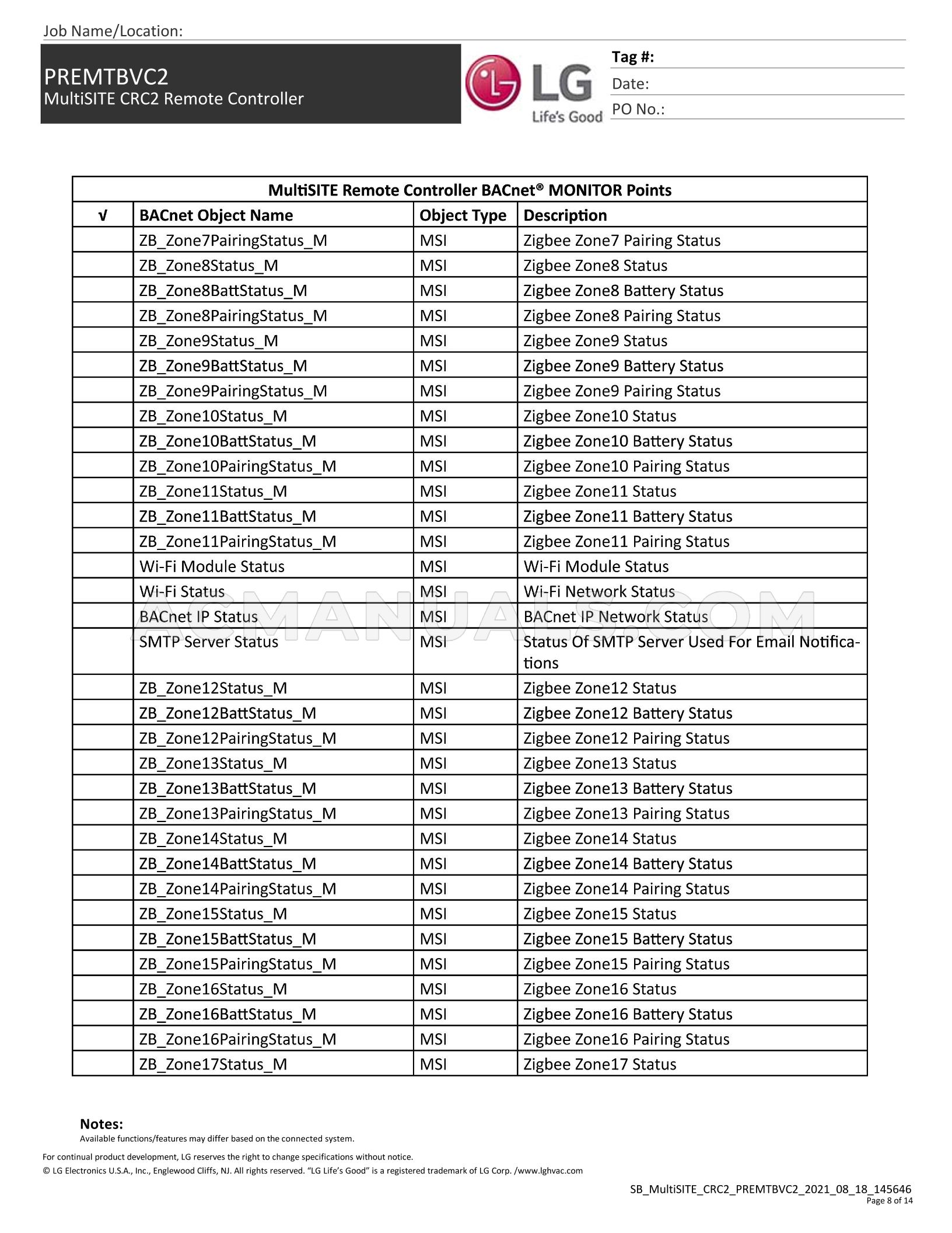 LG PREMTBVC2 Spec Sheet