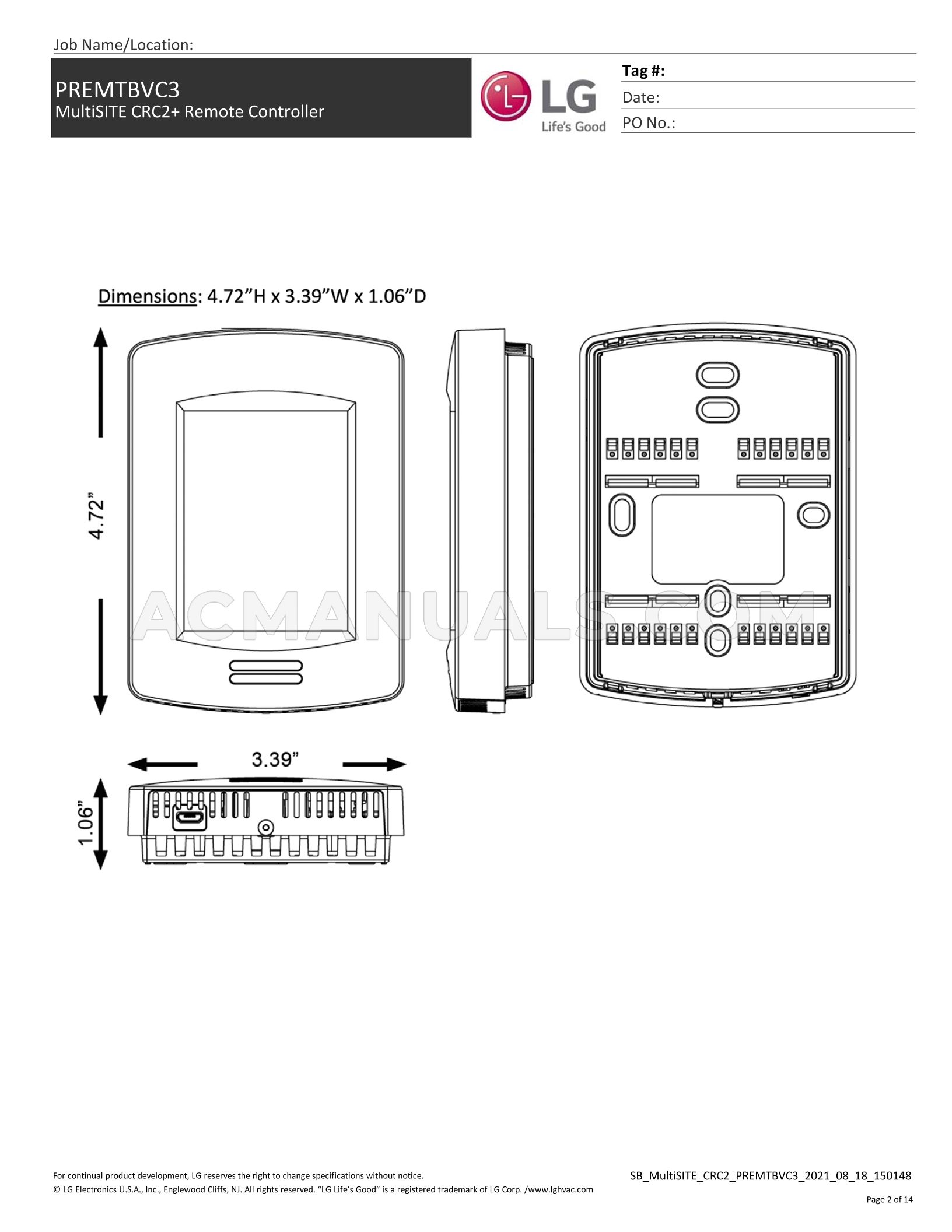 LG ZVRCZWOC1 Spec Sheet