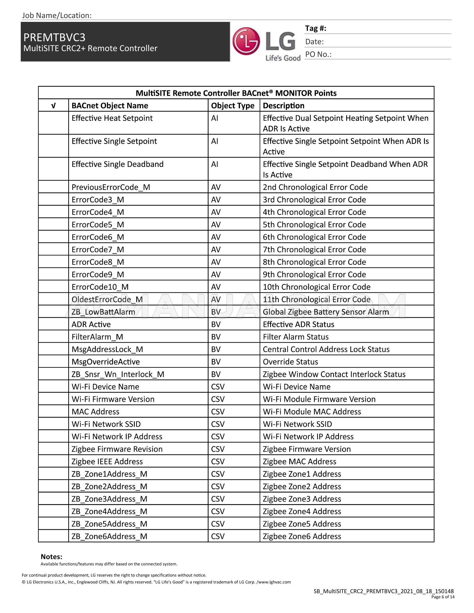 LG ZVRCZWOC1 Spec Sheet