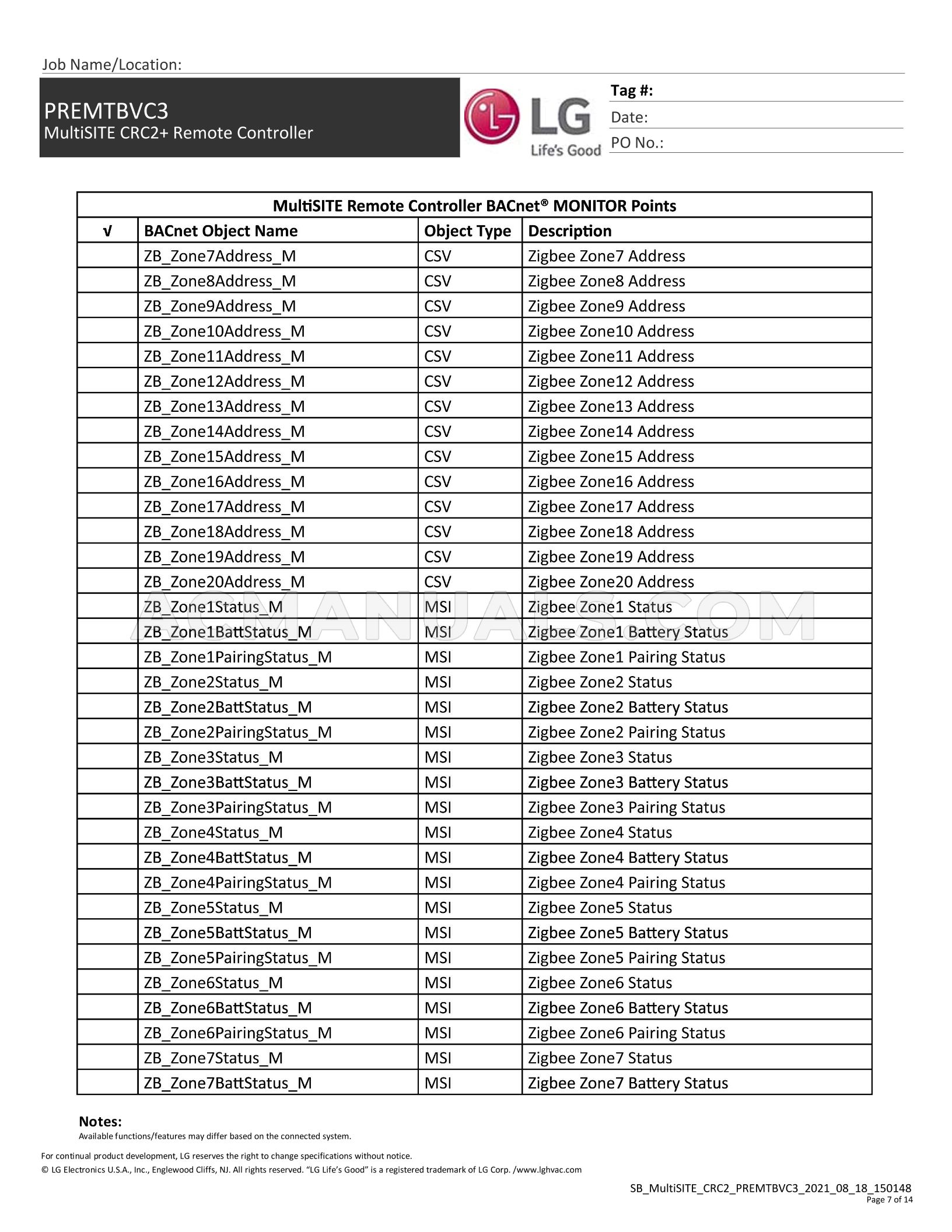 LG ZVRCZWOC1 Spec Sheet