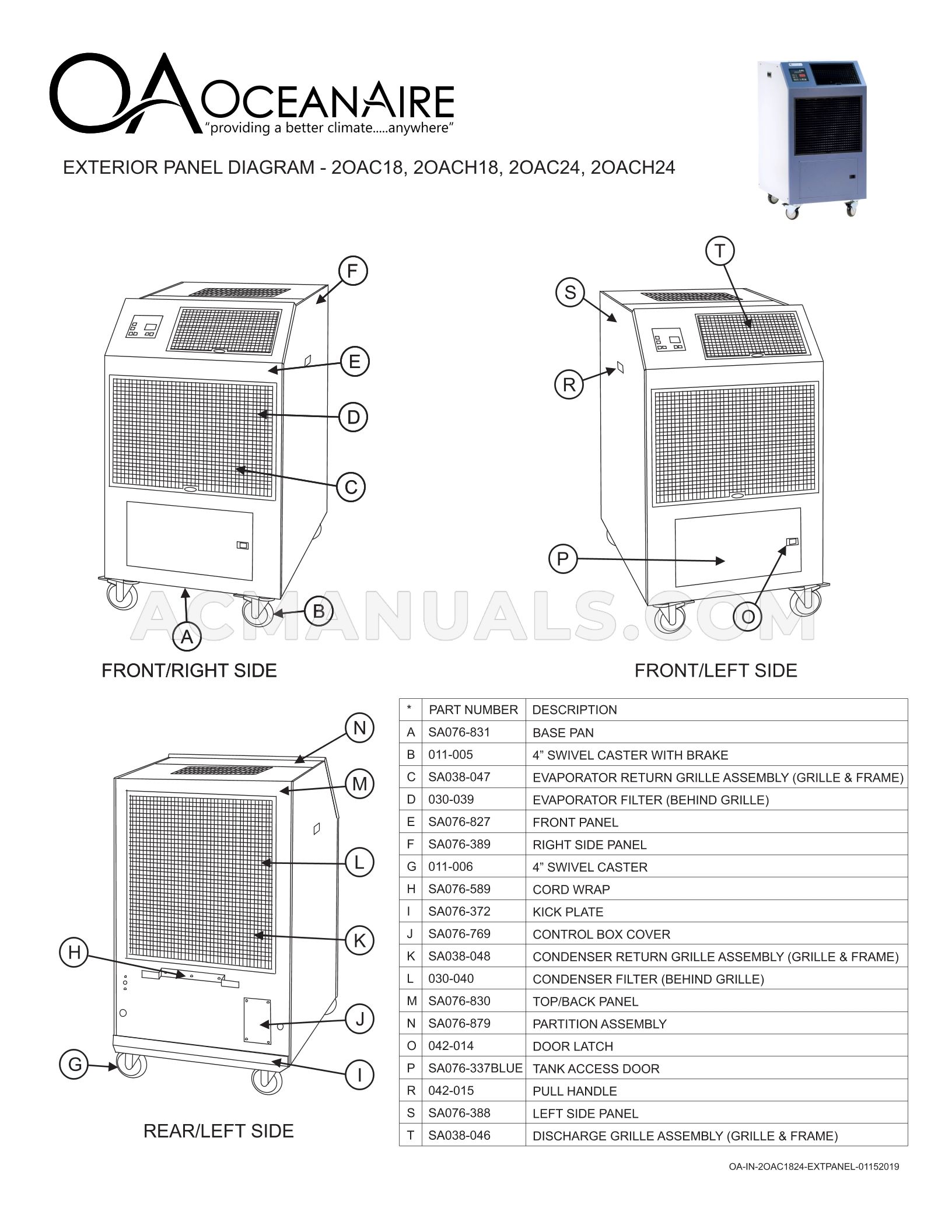 OceanAire 2OAC2412 Parts List