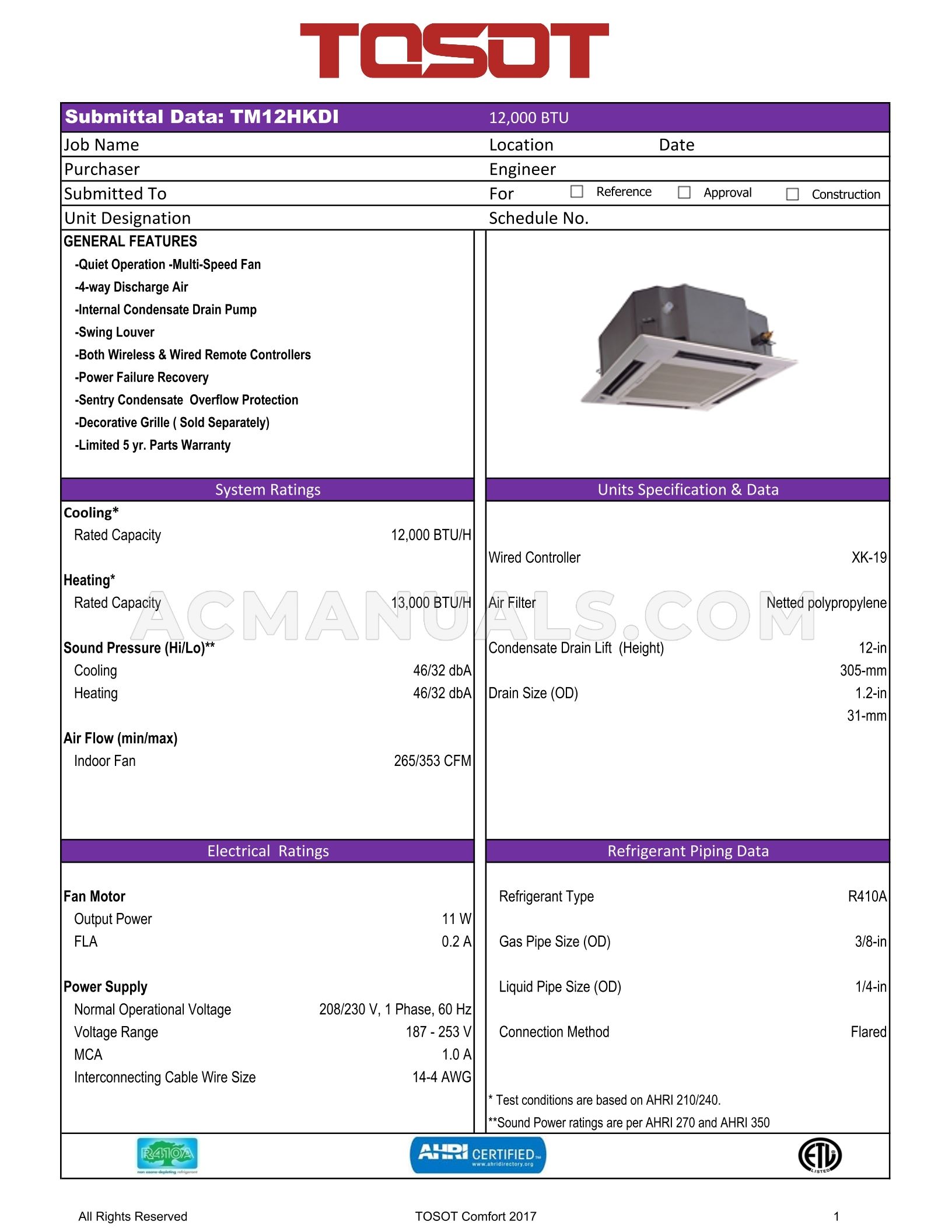 Tosot TM12HKDI TM12HKDI 12K Cassette Submittal