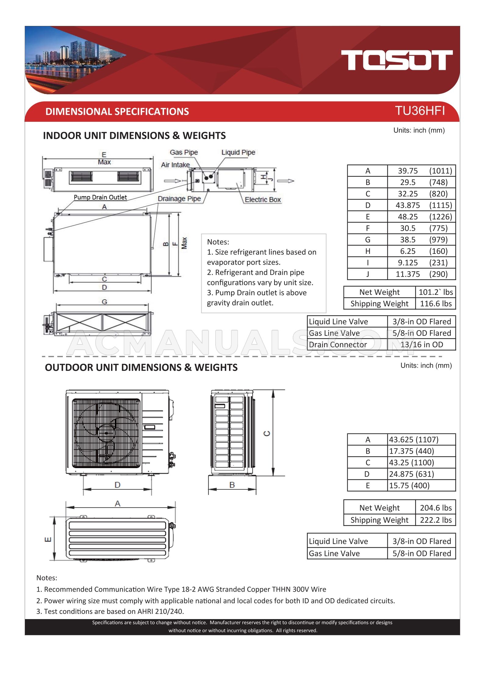 Tosot TU36HF Spec Sheet